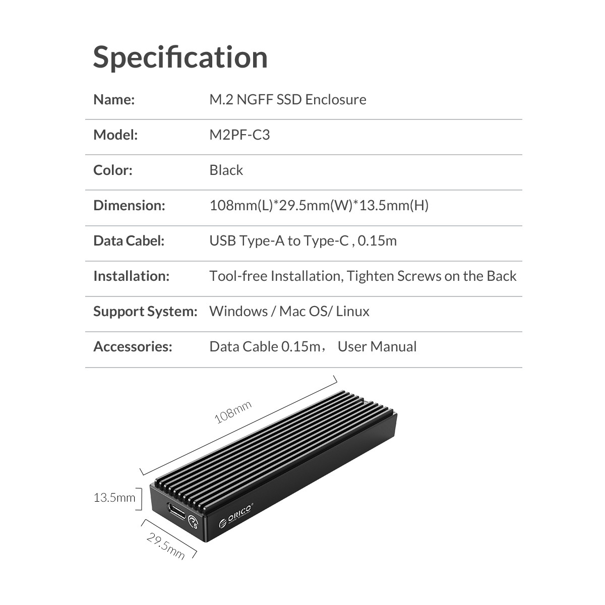 Box di động SSD M.2 NGFF SATA III to USB 3.1 Gen1 Orico M2PF-C3-BK Aluminum